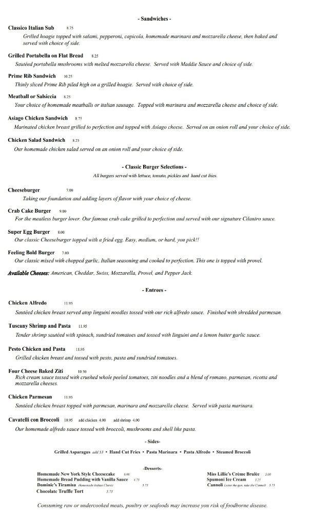 Menu at Di Trapani's Italian Bistro restaurant, Rolla