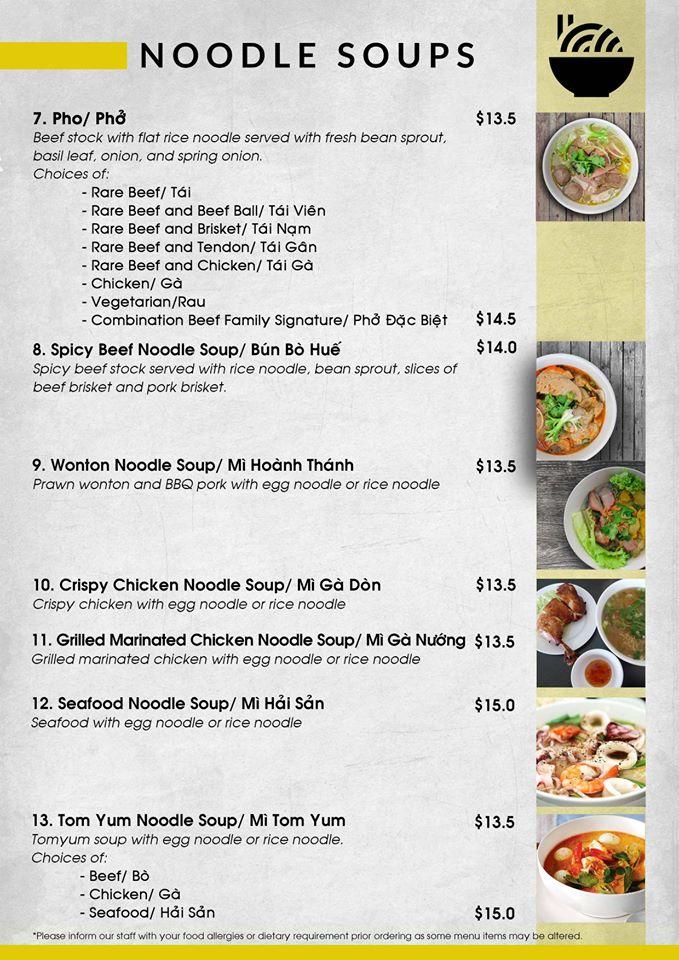 Menu at Family Pho restaurant, Geelong