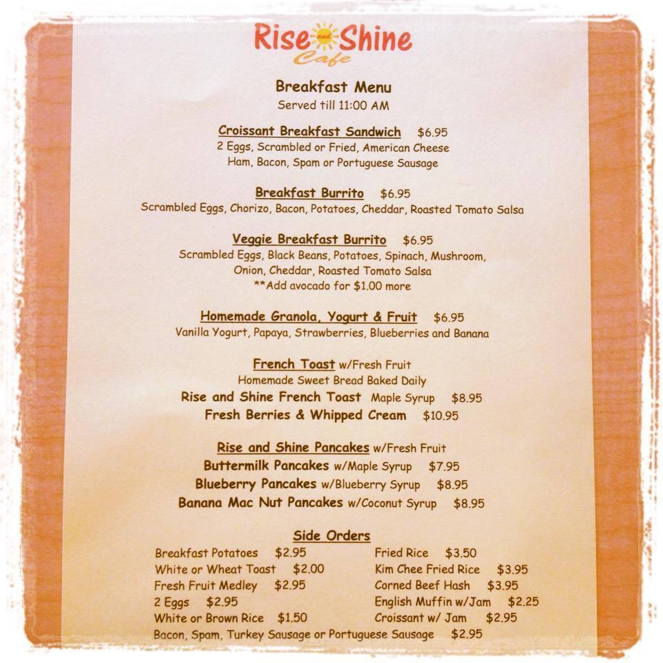 Menu at Rise and Shine Cafe, Mililani