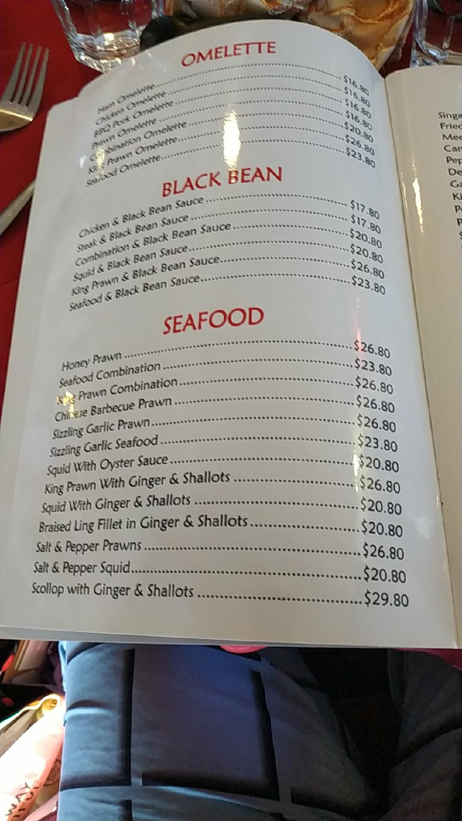 Menu at Seaview Malaysian restaurant, Redhead
