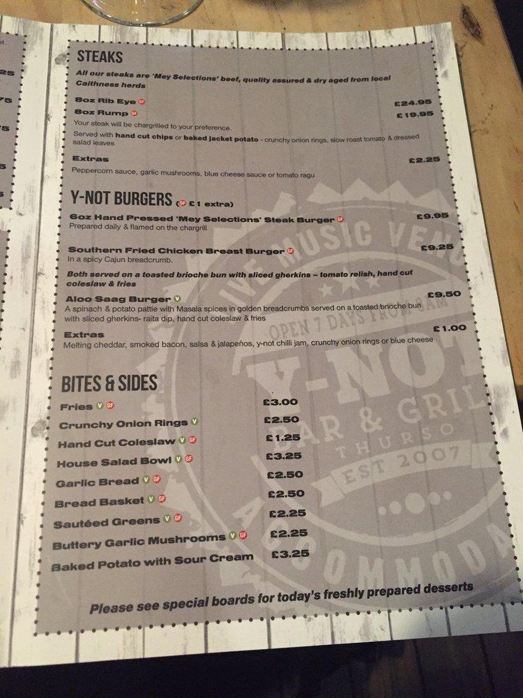 Menu at Y Not Bar & Grill, Thurso