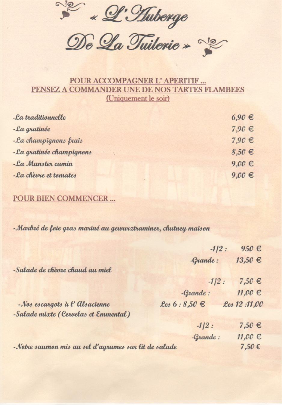 Menu at Auberge de la Tuilerie restaurant, Erstein, Rue des Muguets