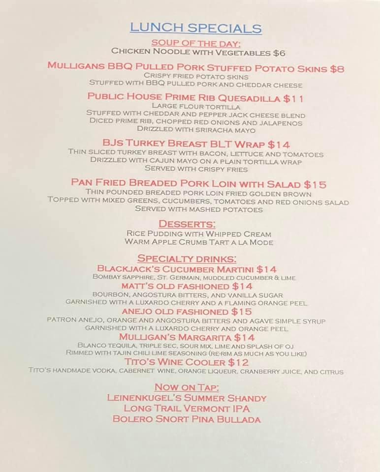 Menu at Blackjack Mulligan's Public House, Hawthorne