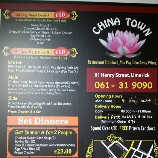 Menu at CHINA TOWN TAKE AWAY restaurant, Limerick