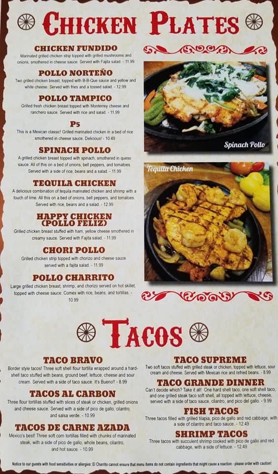 Menu at El Charrito's restaurant, Water Valley, 119 N Main St