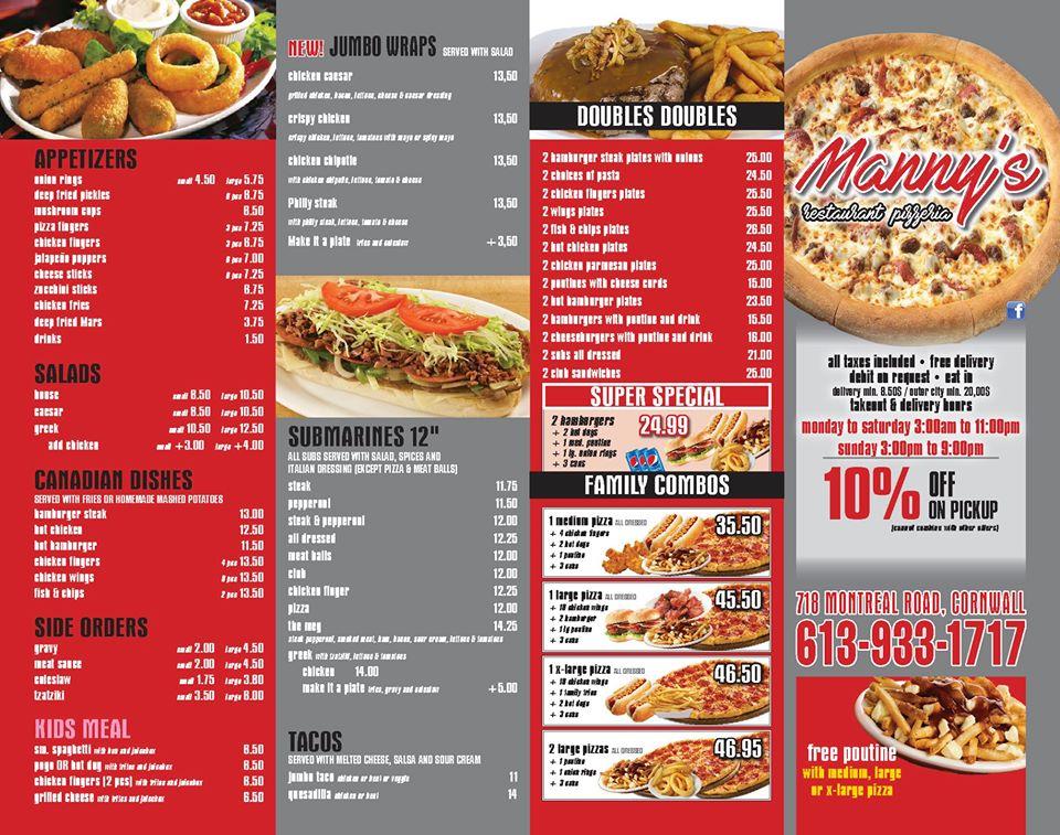 Menu at Manny's Restaurant, Cornwall