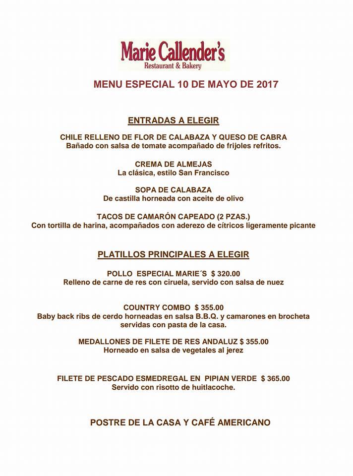 Carta del restaurante Marie Callender's, Ciudad del México