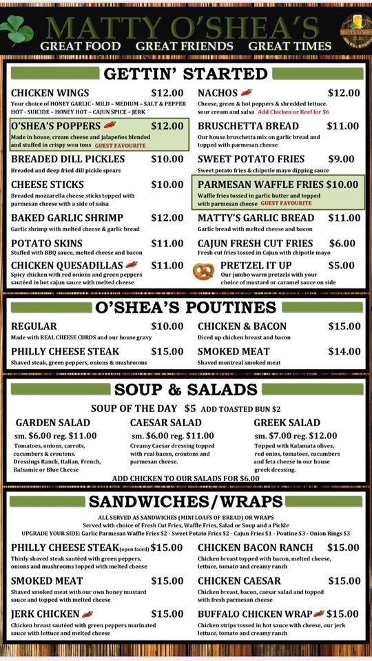 Menu at Matty O'Shea's Pub, Smiths Falls