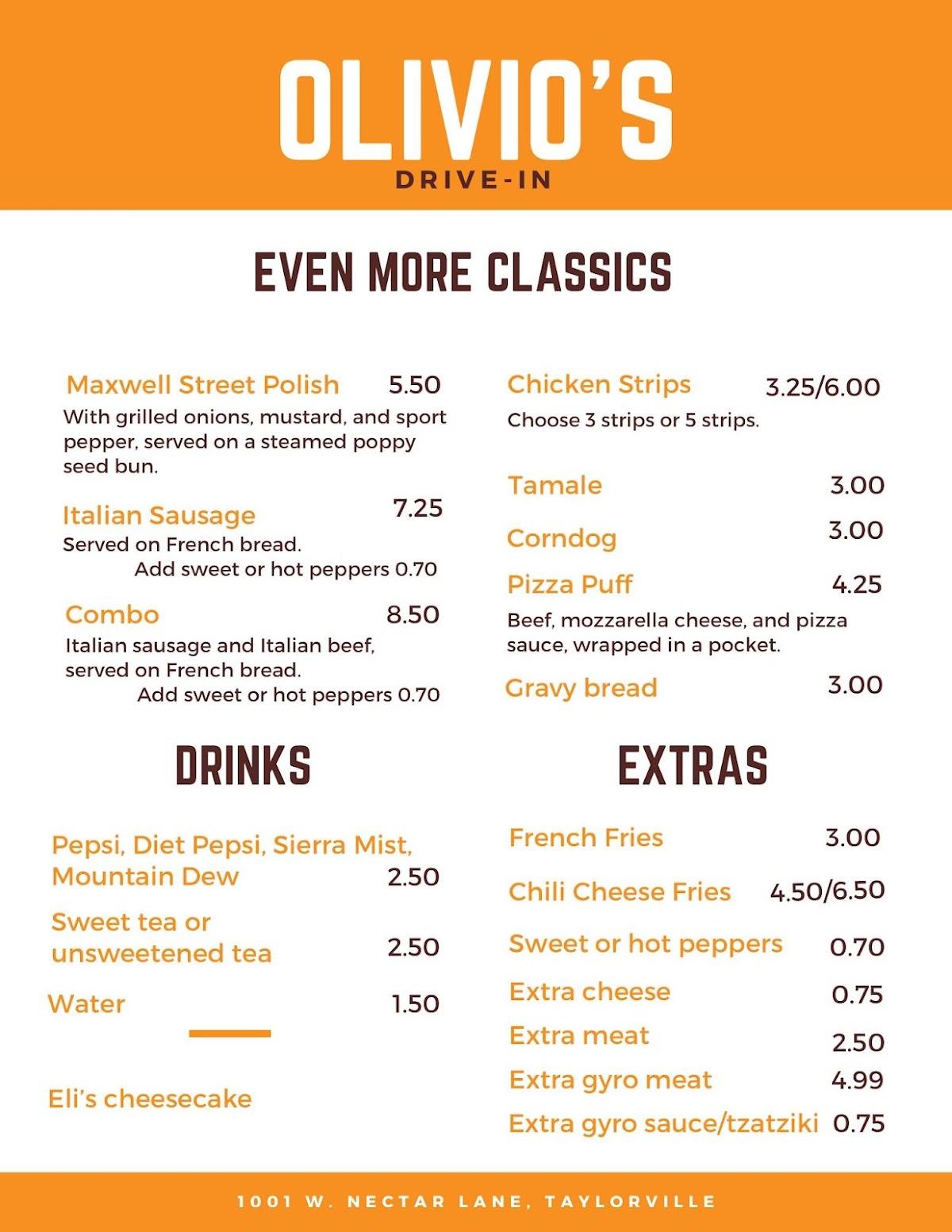 Menu at Olivio's Drive-In restaurant, Taylorville