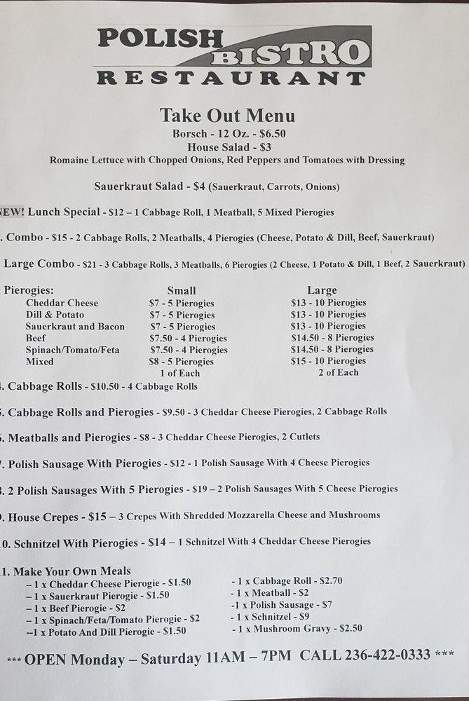 Menu au Polish Bistro restaurant, Penticton