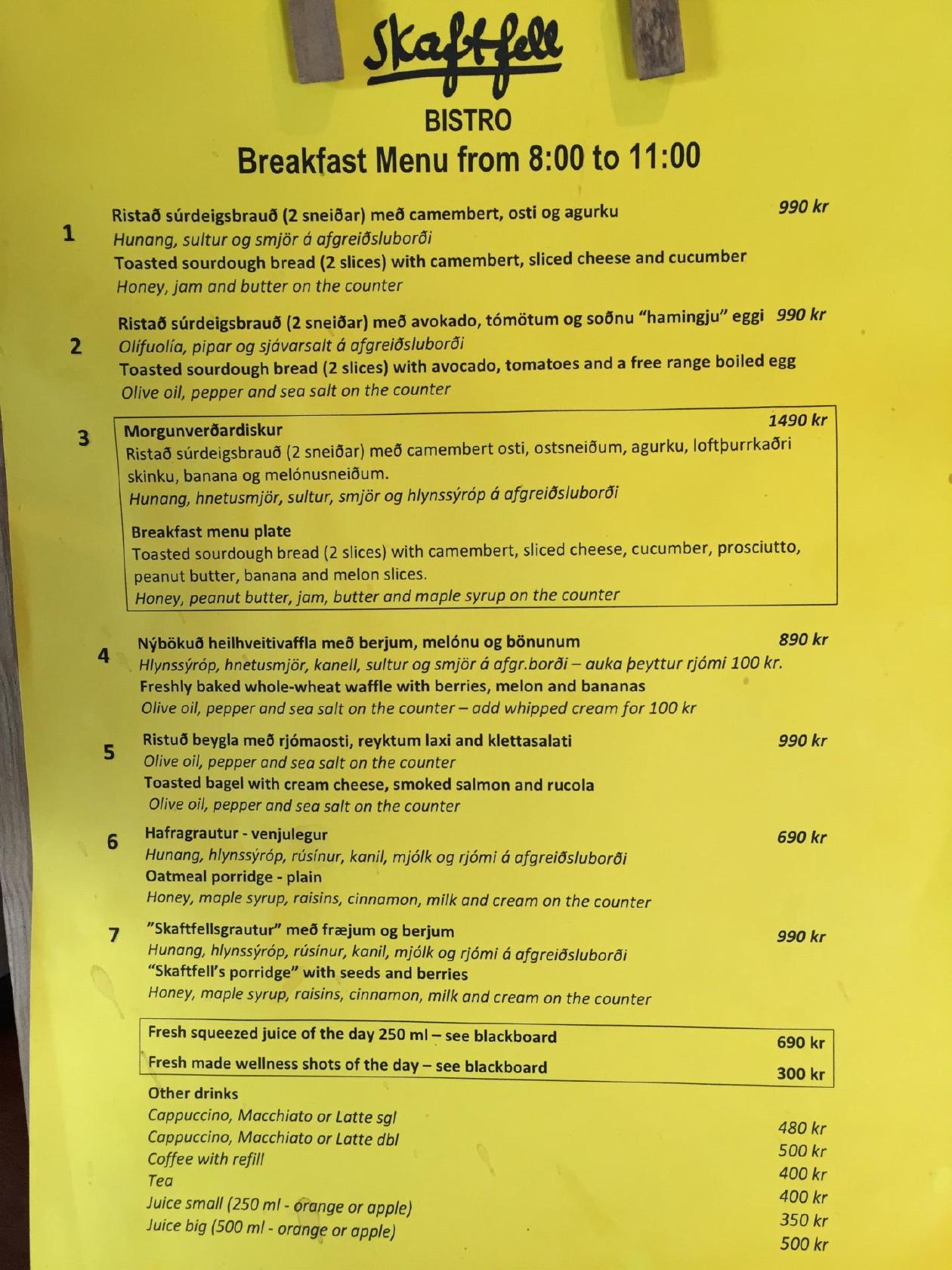 Menu at Skaftfell Bistro pub & bar, Seydisfjordur