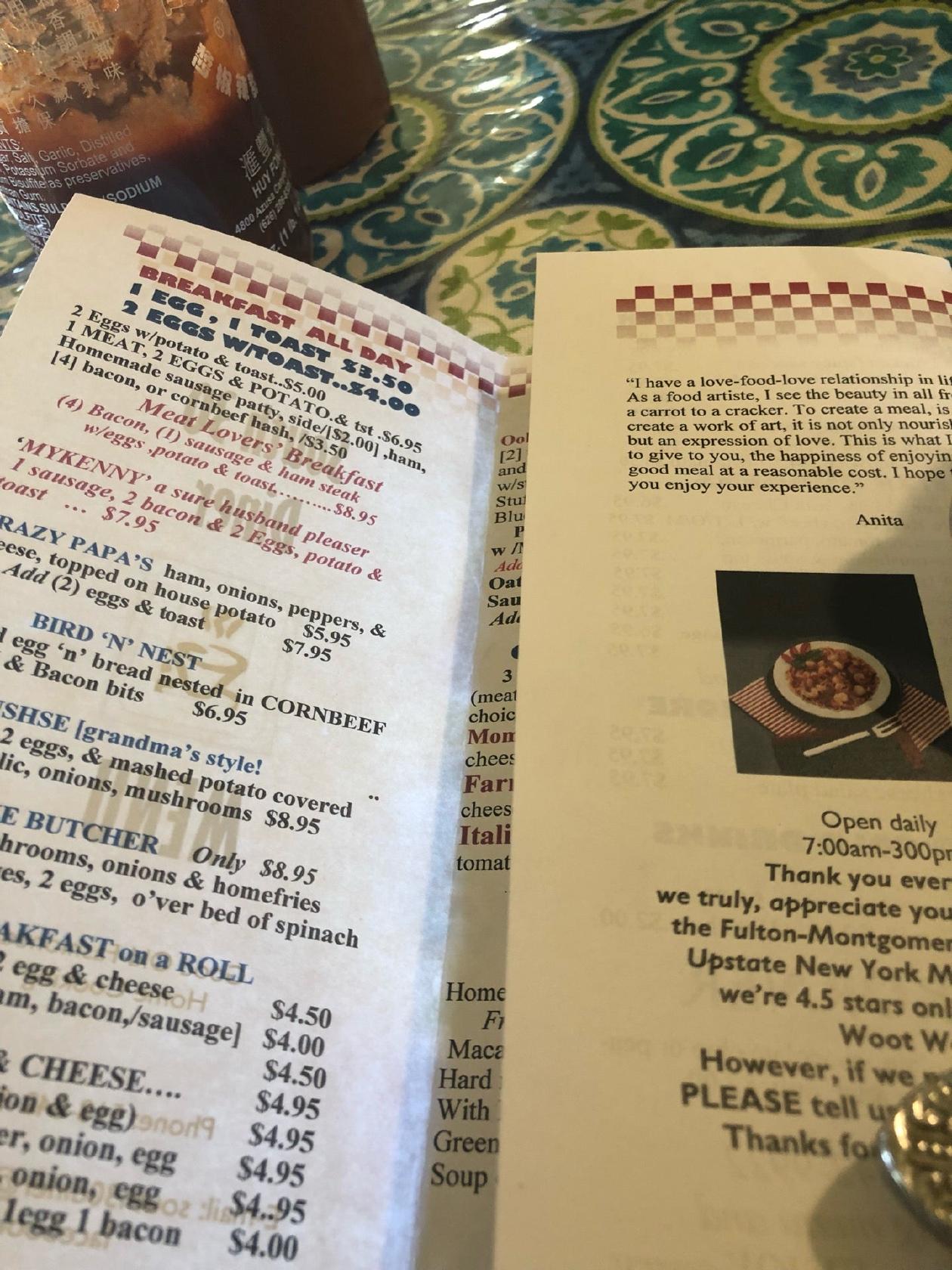 Menu at South 30 Diner cafe, Amsterdam
