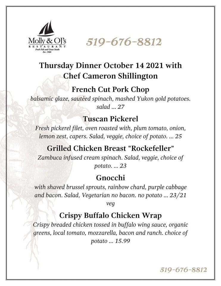 Menu at Molly & OJ's Restaurant, Erieau