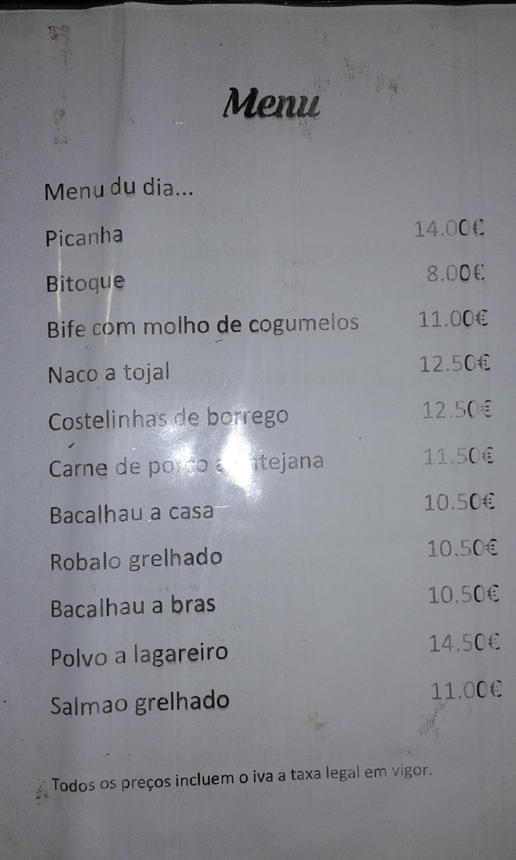 Menu at Tojal Douro restaurant, Portugal