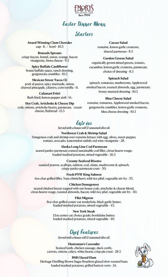 Menu at Emory's on Silver Lake steakhouse, Everett