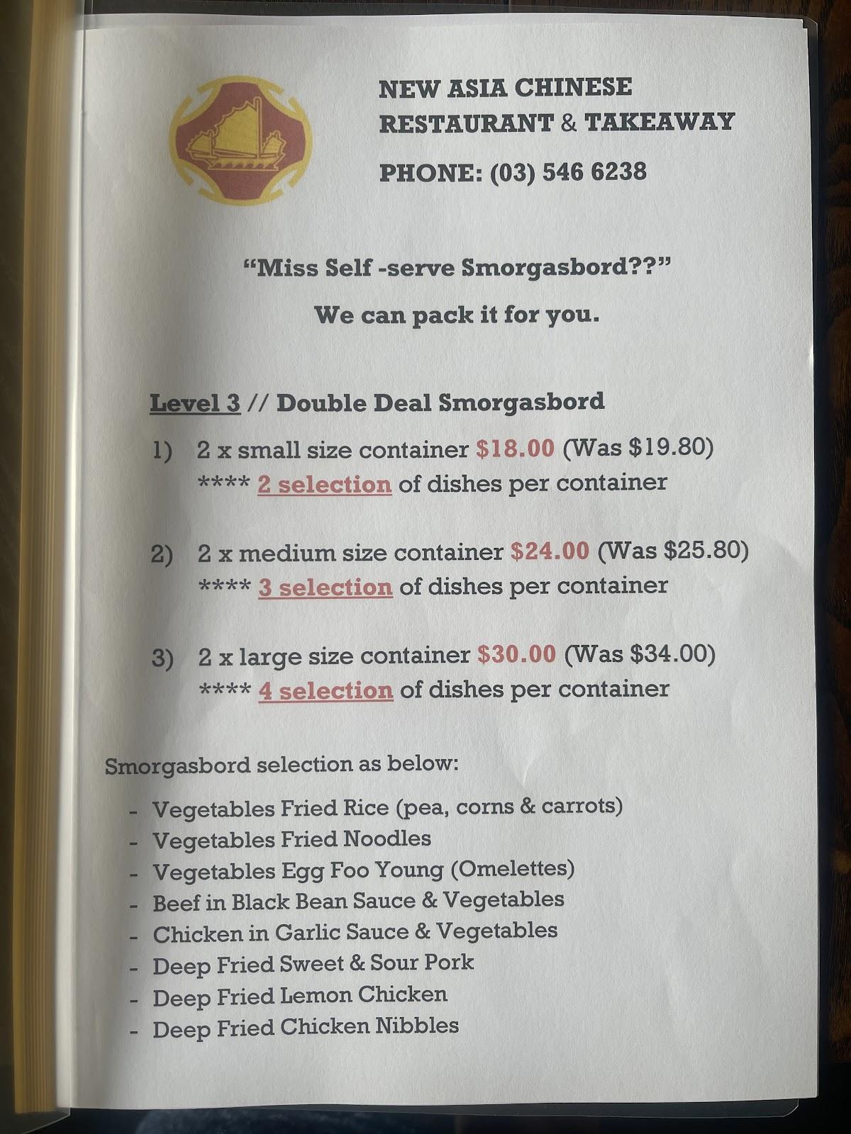 Menu at New Asia Restaurant, Nelson