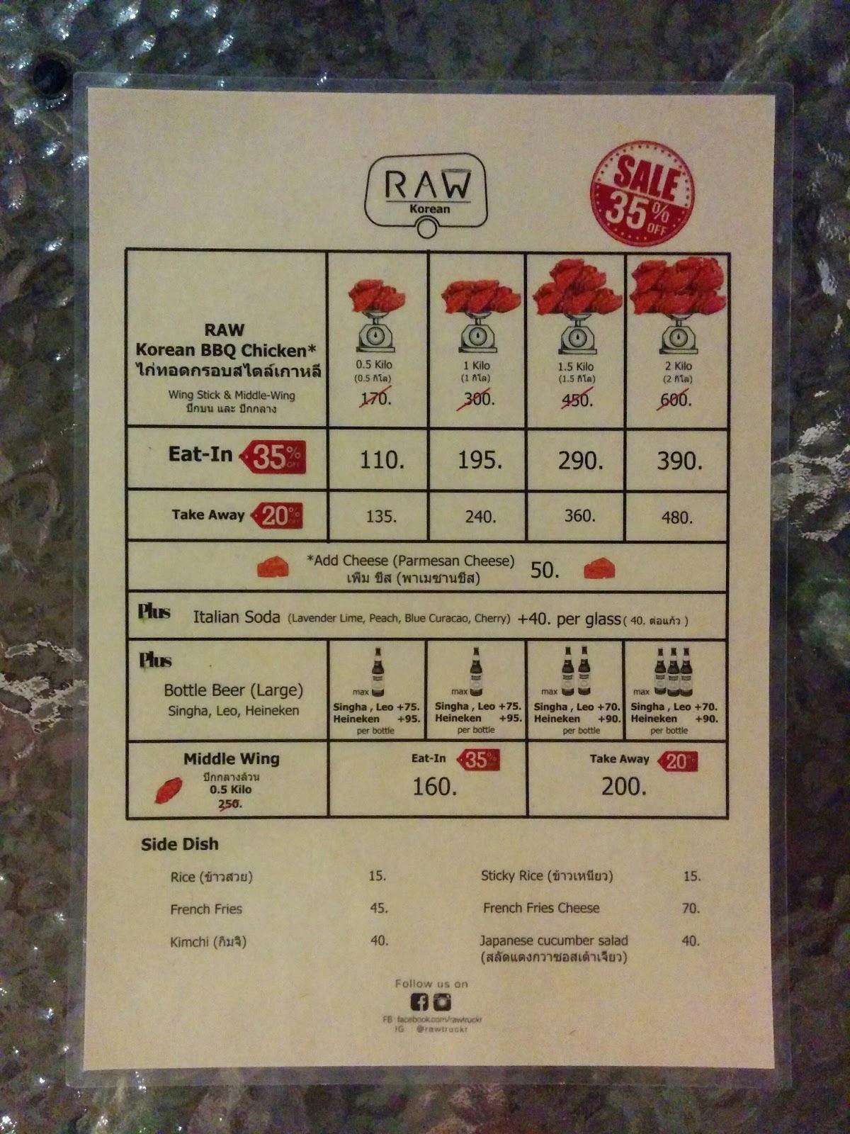 Menu at RAW pub & bar, Chiang Mai