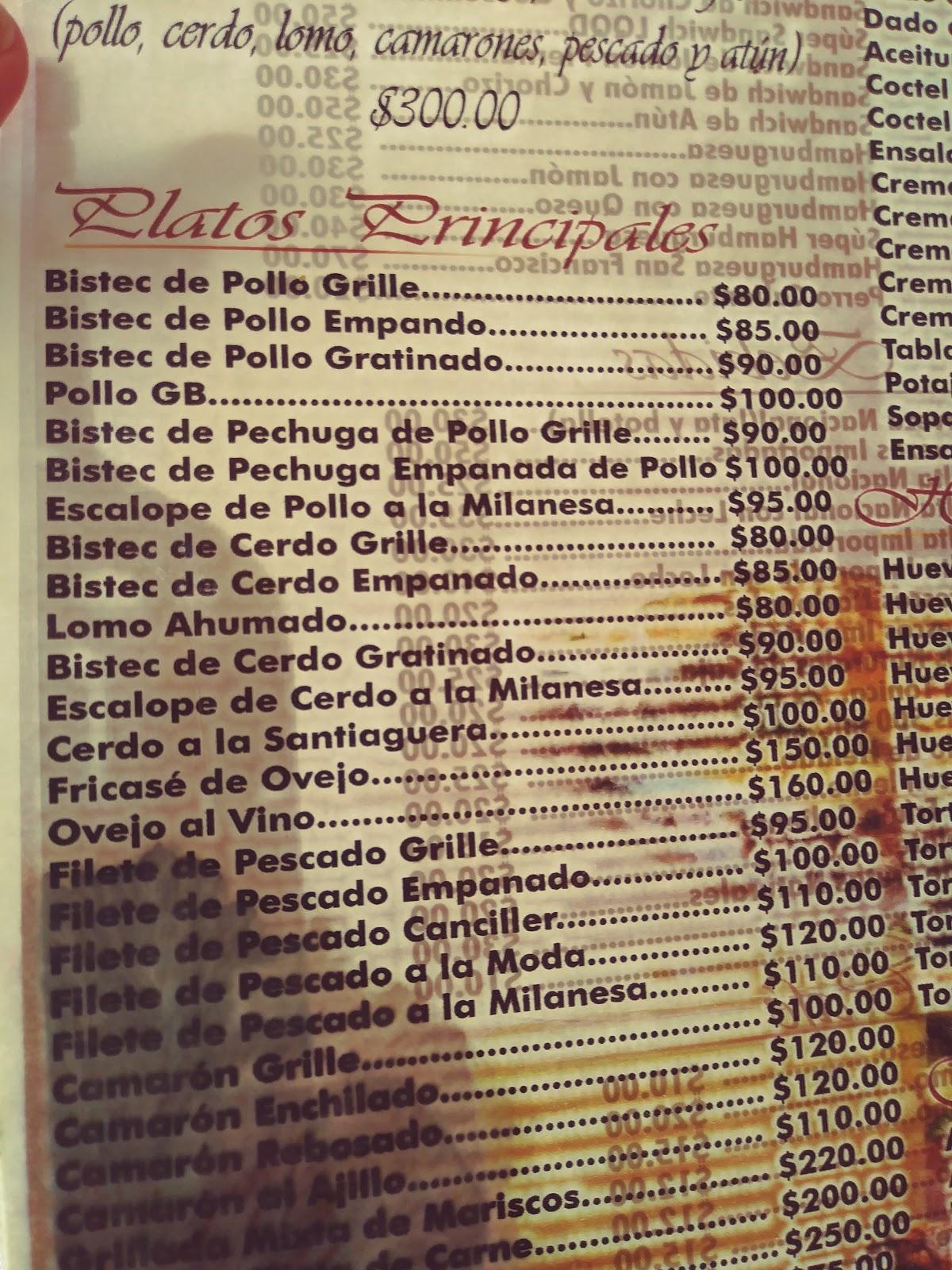 Menu at San Francisco restaurant, Santiago de Cuba