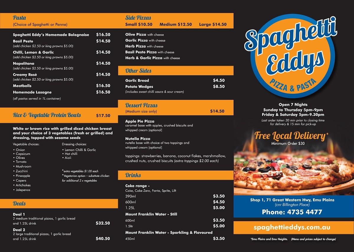 Carta del restaurante Mr. Spaghetti, Emu Plains
