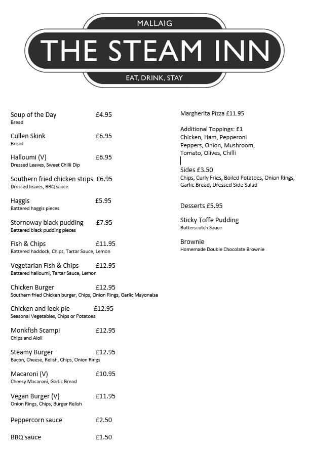 Menu at Steam Inn pub & bar, Mallaig