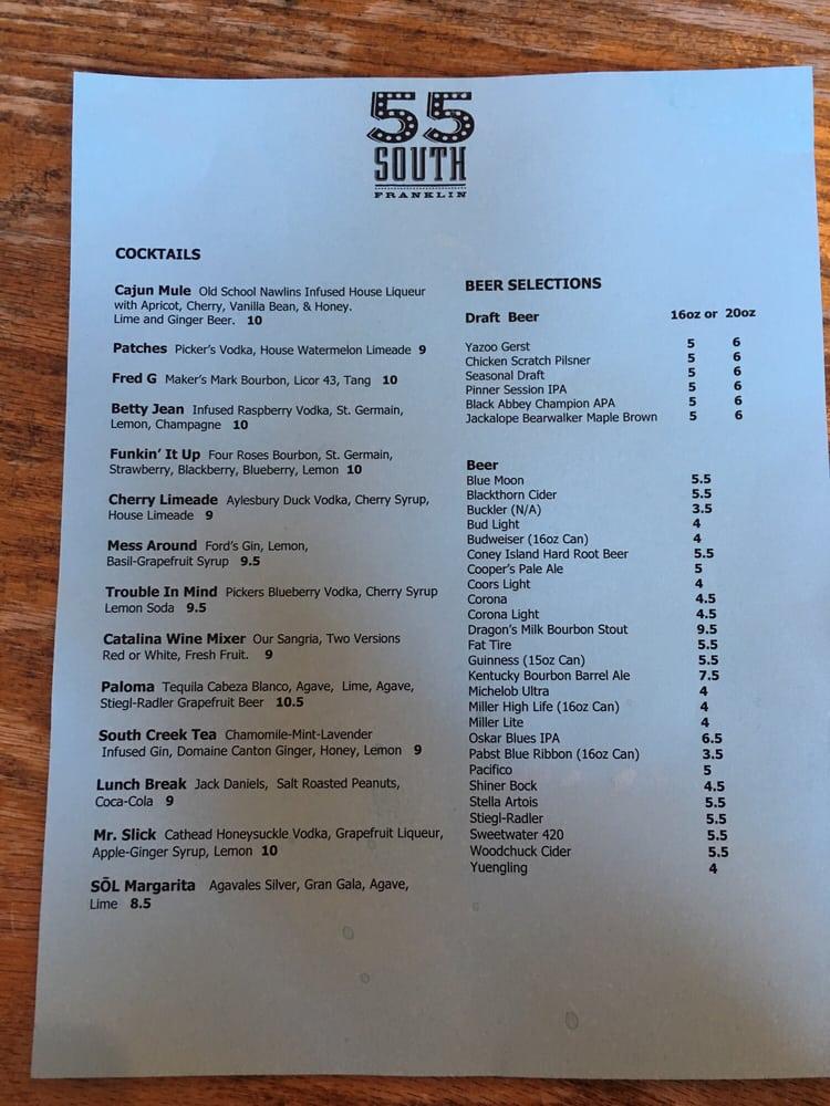 Menu at 55 South pub & bar, Franklin, 403 Main St