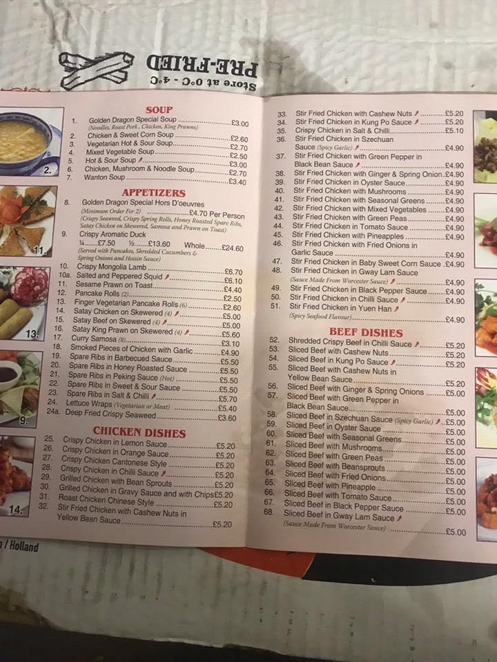 Menu at Golden Dragon restaurant, Risca