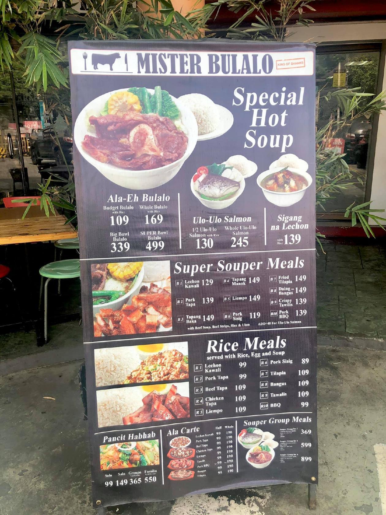 Menu at Mister Bulalo restaurant, Manila, Newton Plaza