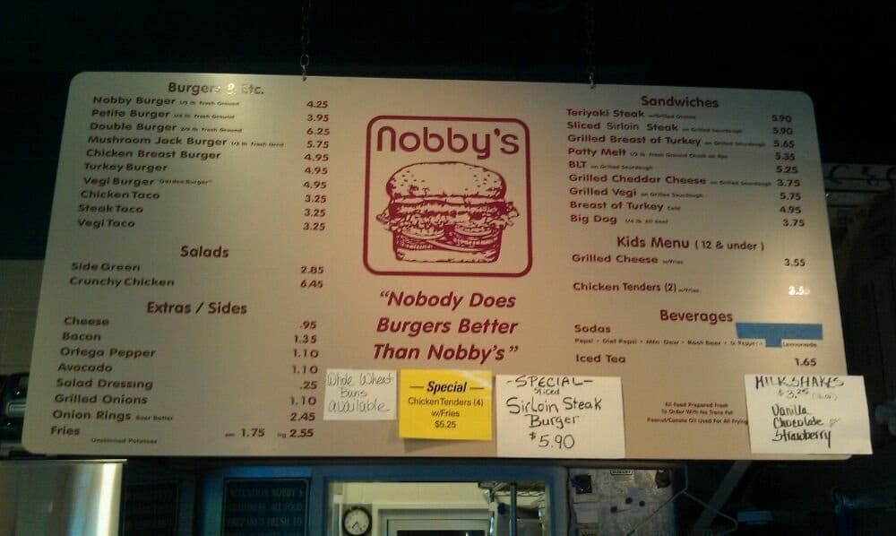 Menu at Nobby's restaurant, Chico