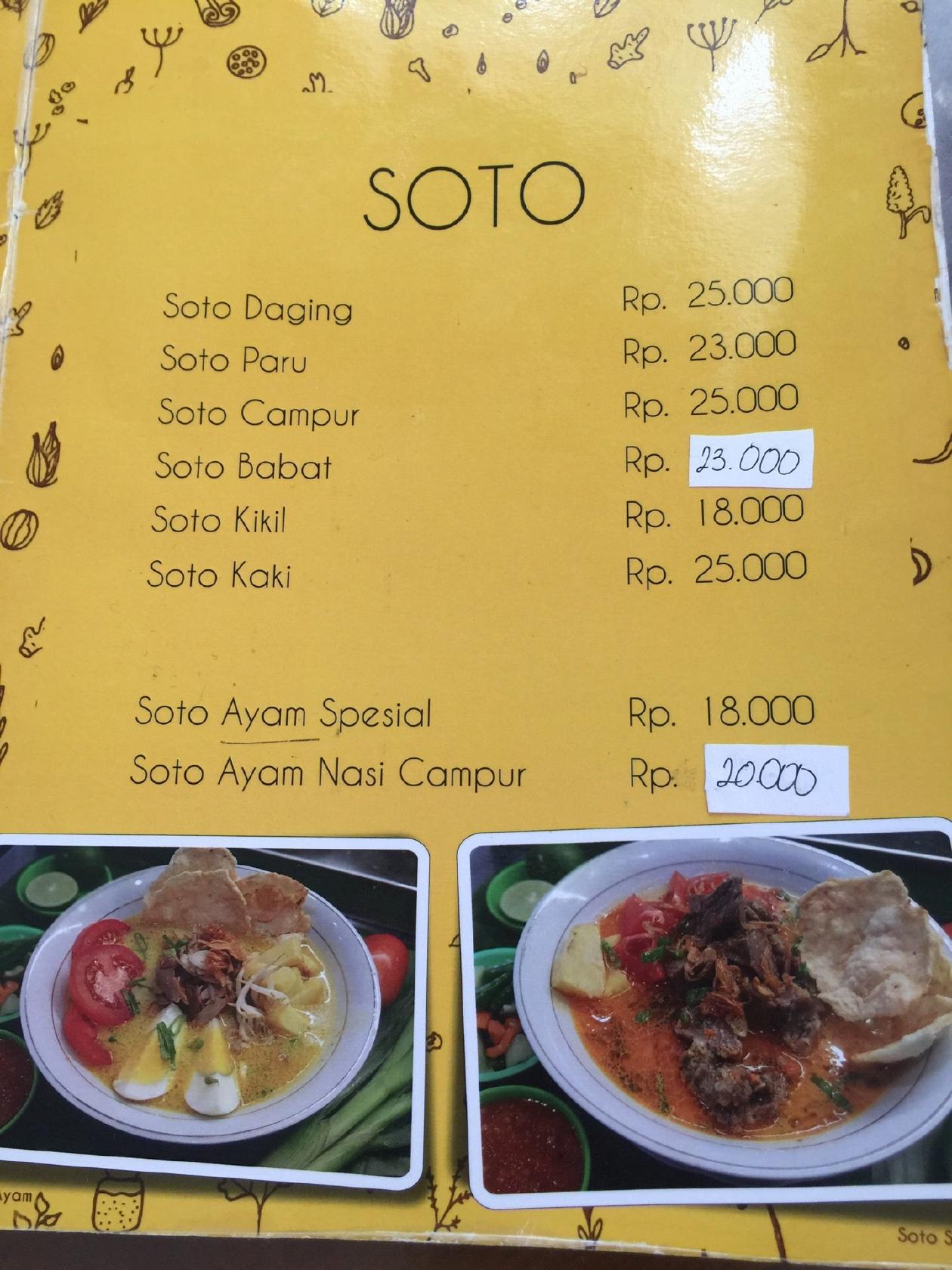 Menu at Soto Khas Jakarta Bu Linda restaurant, Bekasi Regency