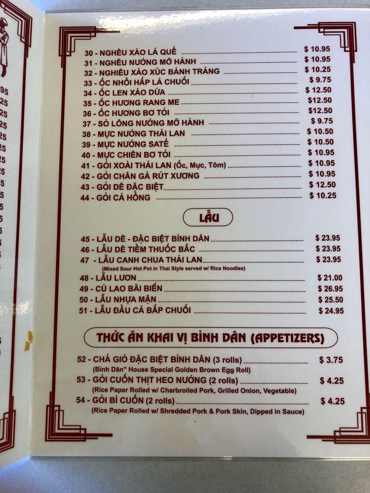 Menu at Bình Dân Restaurant, Westminster