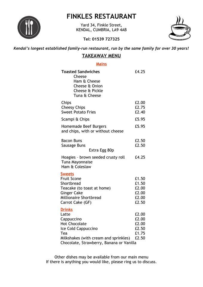 Menu at Finkles restaurant, Kendal