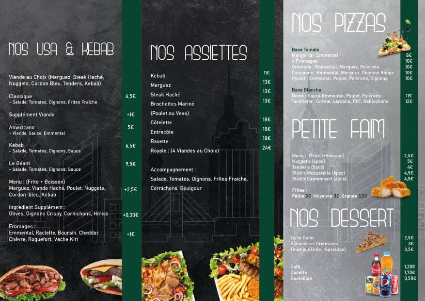 Menu au Five avenue restaurant, Morestel