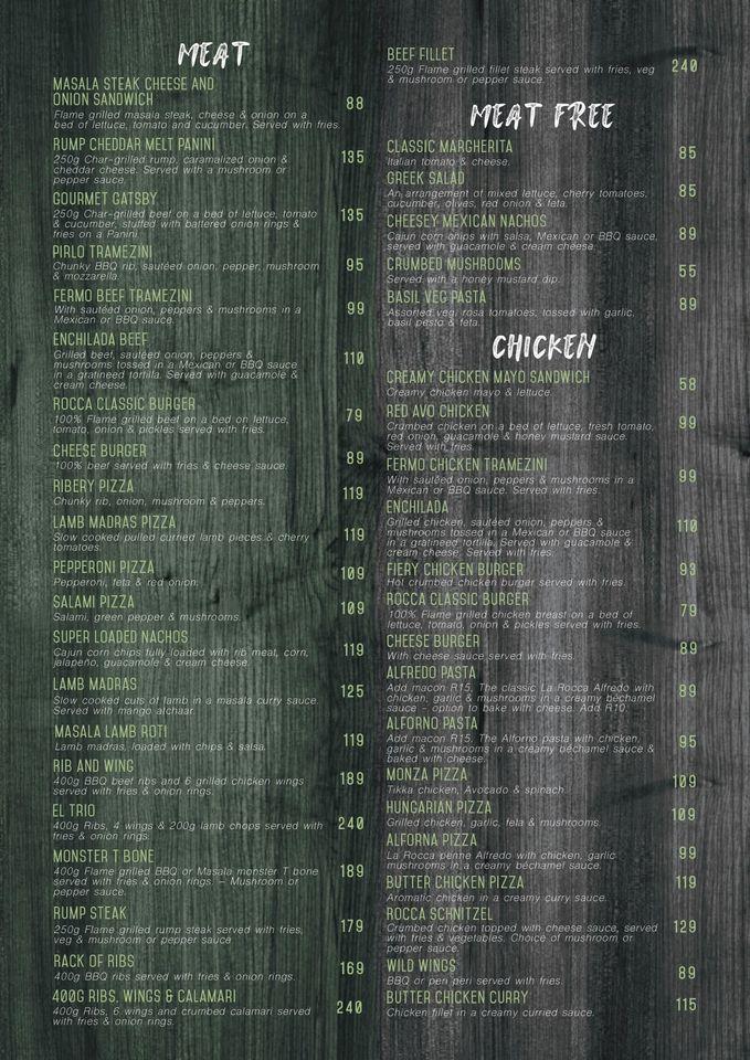 Menu at La Rocca restaurant, Cape Town