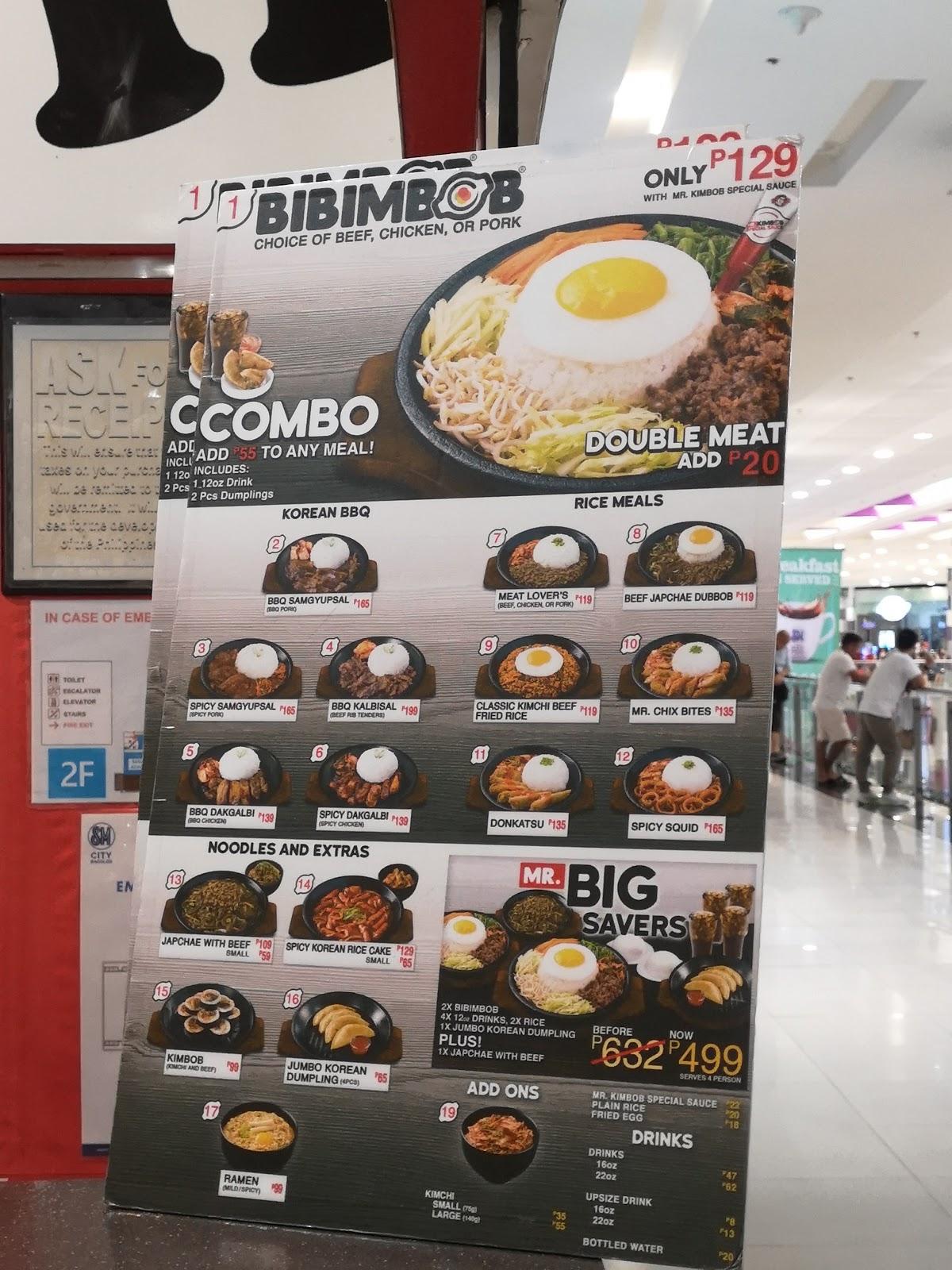Menu at Mr. Kimbob restaurant, Bacolod