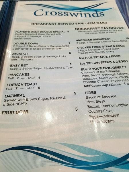 Menu at Crosswinds restaurant, Manson