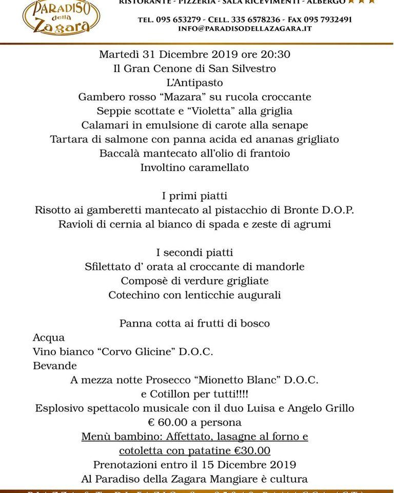 Carta del restaurante Paradiso della zagara, Ramacca