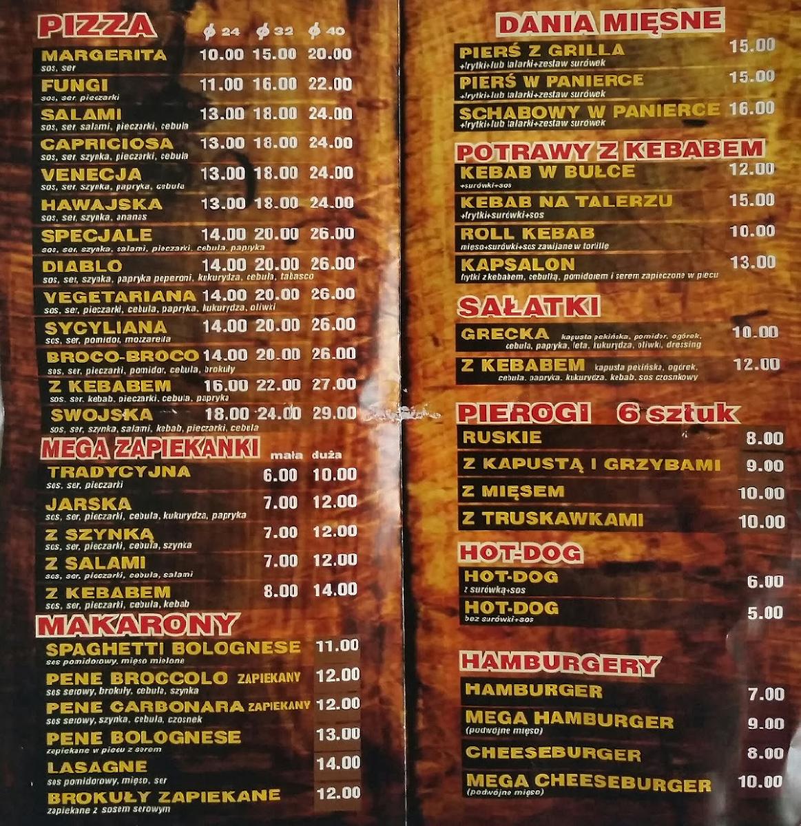 Menu at Pizzarella, Łazy