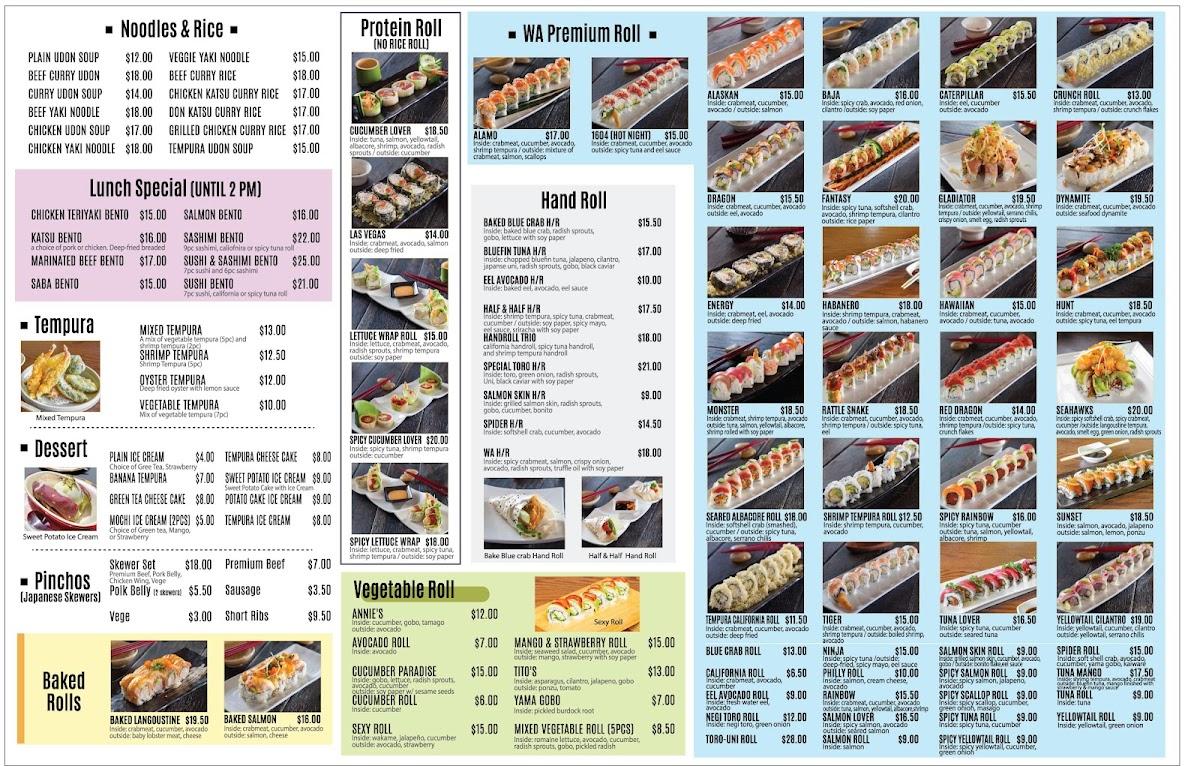 Menu at Wa Sushi & Izakaya restaurant, Alhambra