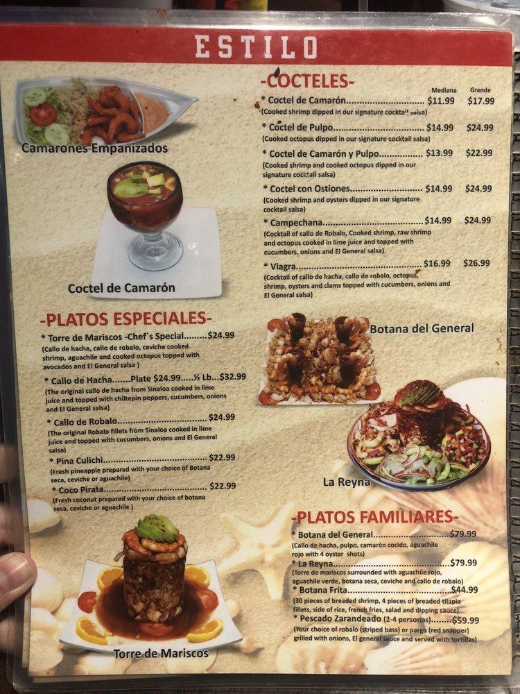 Menu at Mariscos El General restaurant, Pasadena, Spencer Hwy