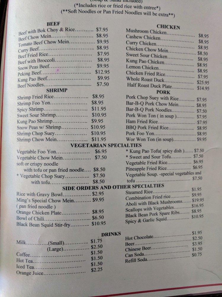 Menu at Ming's Cafe, Bakersfield