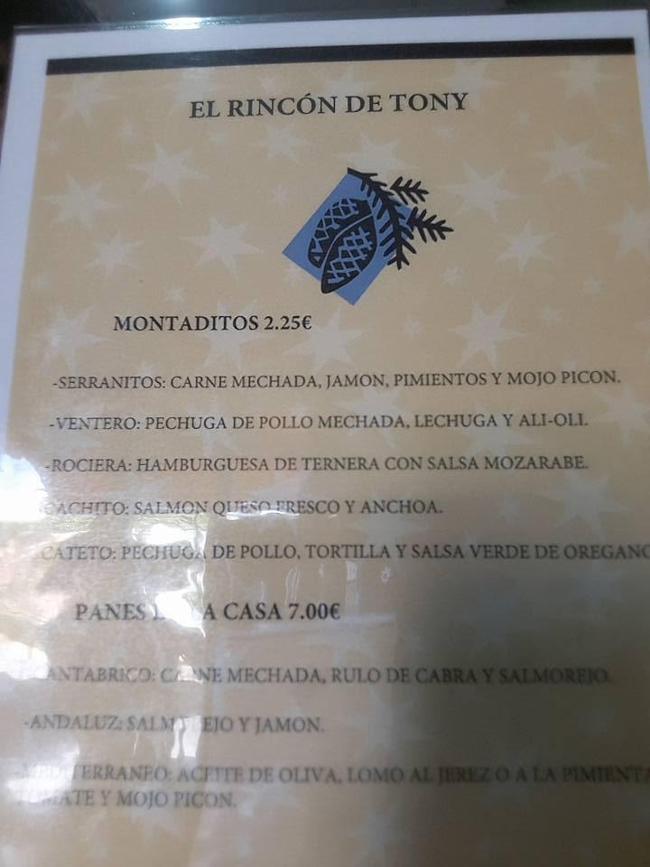 Menu at Rincon de tony pub & bar, Guillena
