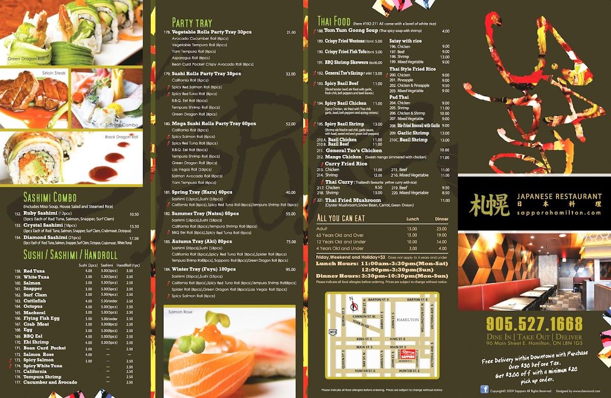 Menu at Sapporo Japanese&Thai Restaurant, Hamilton