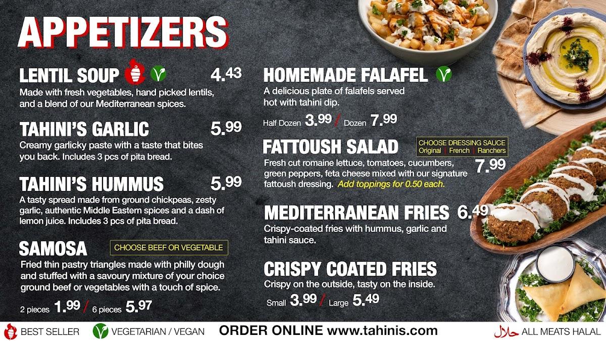 Menu at Tahini's restaurant, Toronto, Islington Ave #105