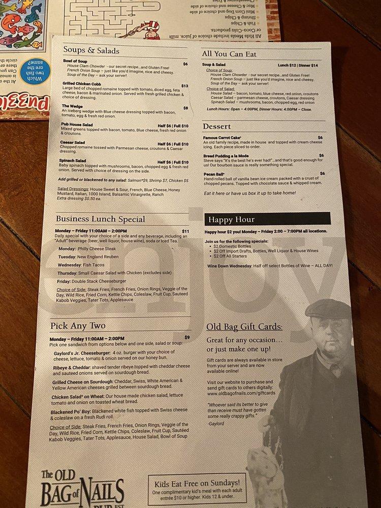 Menu at The Old Bag of Nails Pub - Pickerington, Pickerington, 797 Hill ...