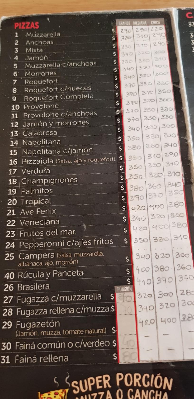Menu at Ave Fenix restaurant, San Bernardo del Tuyú