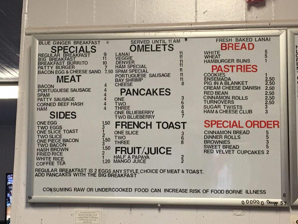 Menu at Blue Ginger Cafe, Lanai City