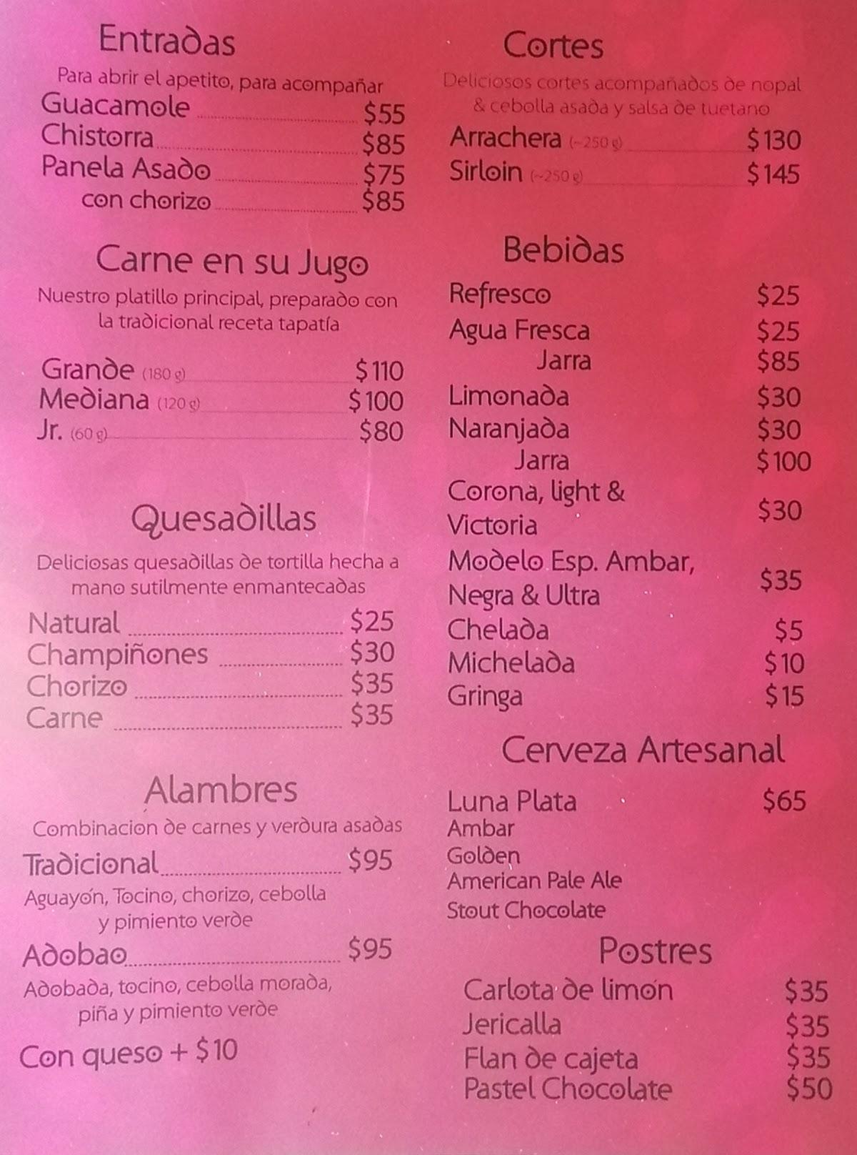 Menu at Carnes en su jugo La Mayora restaurant, Corral de Barrancos