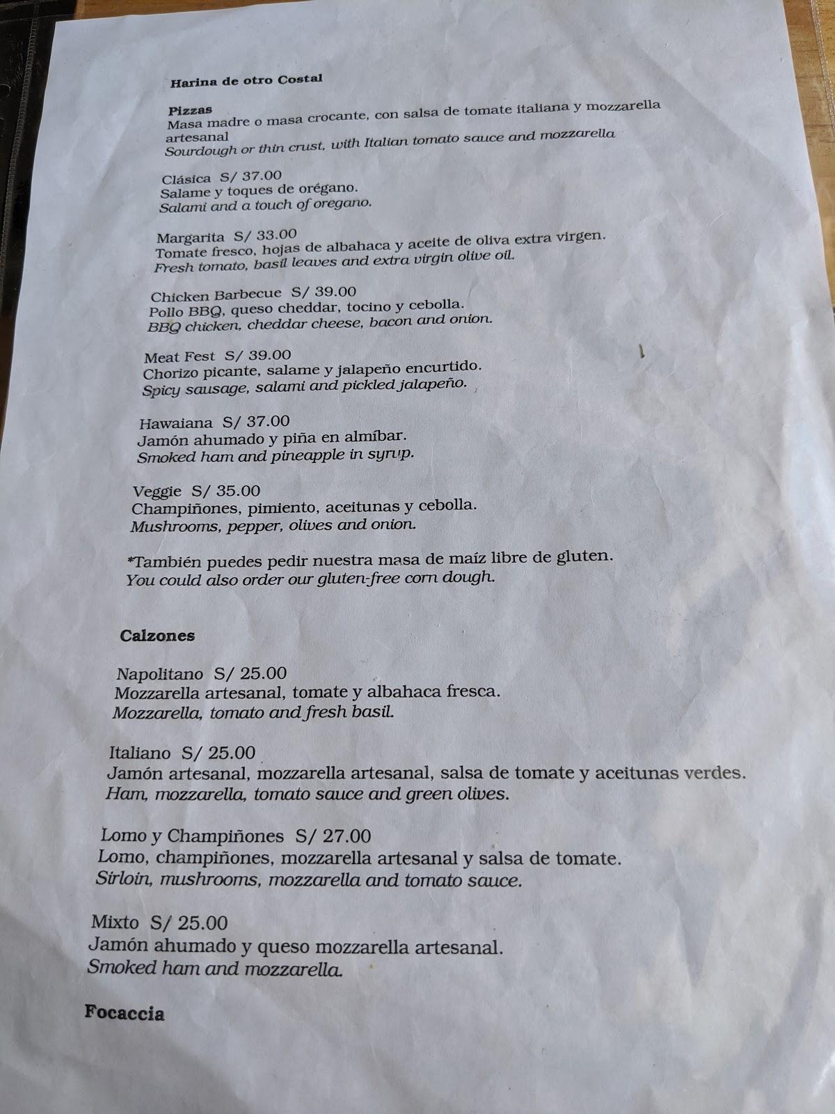 Menu at Harina de otro Costal restaurant, Juliaca