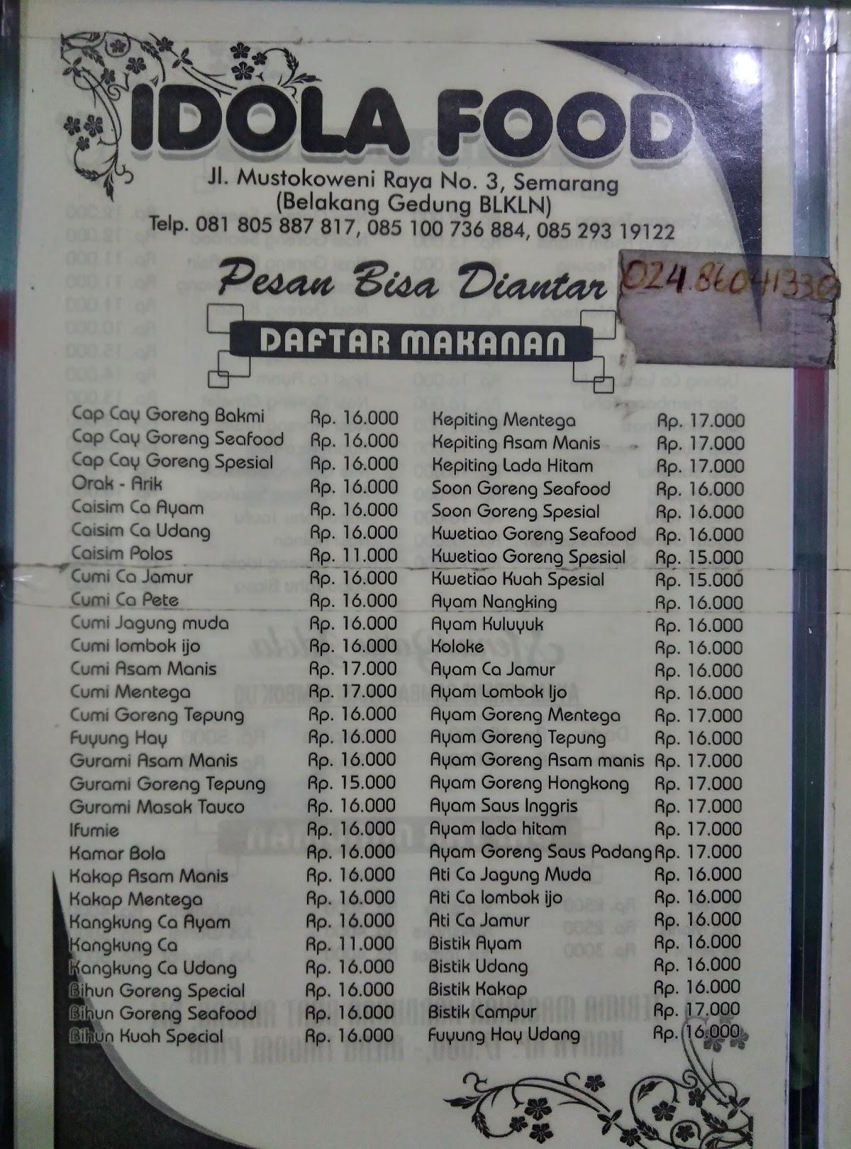 Menu at Idola Food restaurant, Semarang