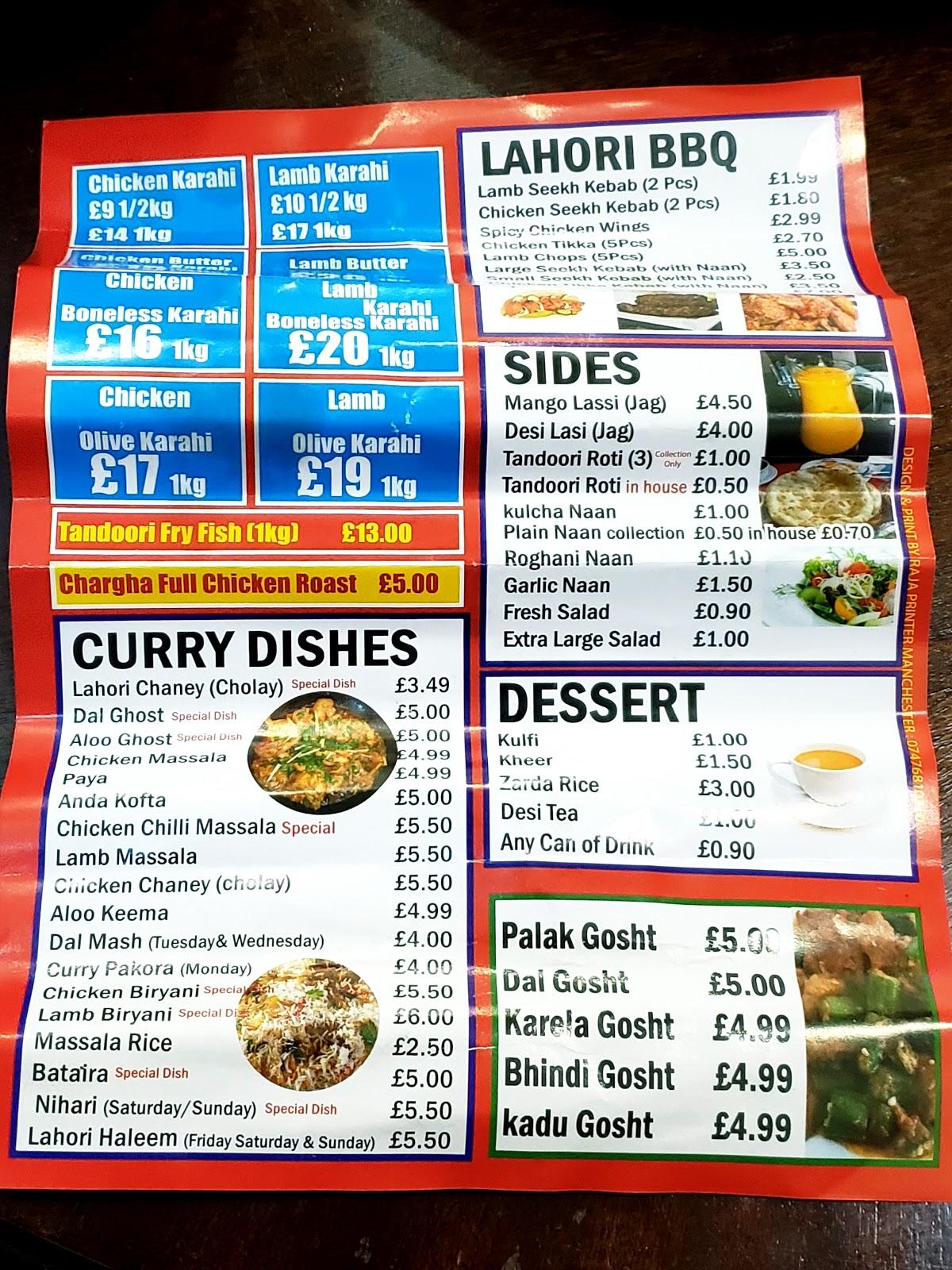 Menu at Lahori Nazara restaurant, Manchester